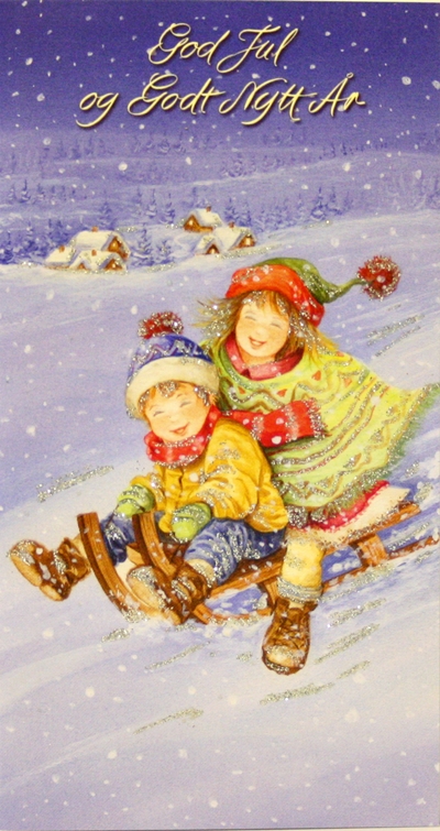 Dobbelt julekort, Barn på kjelke - Skatollet.no