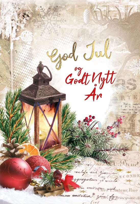 Julekort, dobbelt Lykt, kuler og granbar - Skatollet.no